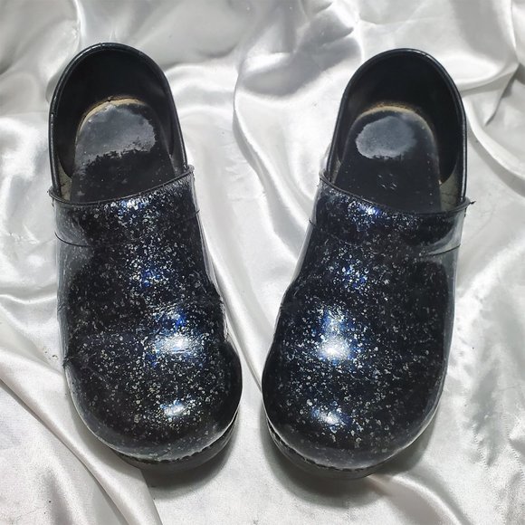 Dansko | Shoes | Dansko Blue Black Silver Sparkle Patent Clog Shoes Sz ...